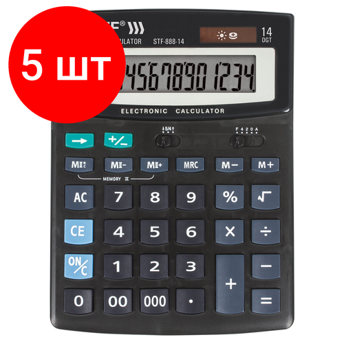 Комплект 5 шт, Калькулятор настольный STAFF STF-888-14 (200х150 мм), 14 разрядов, двойное питание, 250182