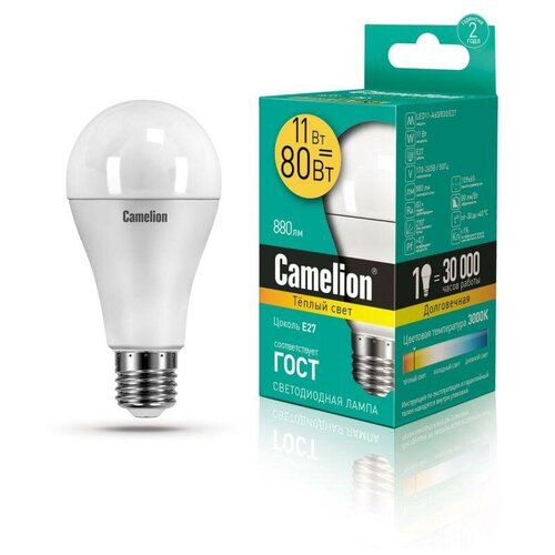 Лампа светодиодная LED11-A60/830/E27 11Вт грушевидная 3000К тепл. бел. E27 840лм 220-240В Camelion 12035 (4шт.)