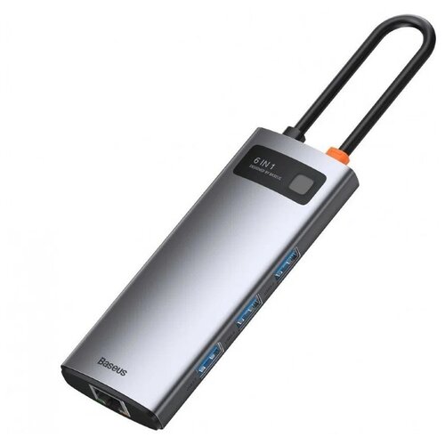 USB-концентратор Baseus Metal Gleam Series 6-in-1 (CAHUB-CW0G), USB Type-C - 3×USB3.0, HDMI, USB Type-C, RJ45, Space Grey