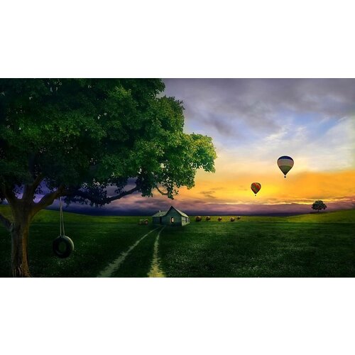 Картина на холсте 60x110 LinxOne "Воздушные шары пейзаж поле" интерьерная для дома / на стену / на кухню / с подрамником