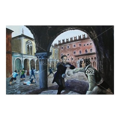 Постер на холсте Акварельная иллюстрация с поединком фехтовальщиков в средневековом городе 78см. x 50см.