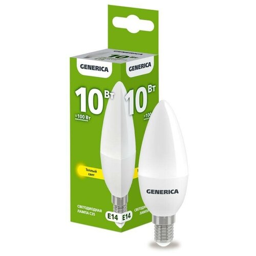 Лампа светодиодная C35 10Вт свеча 3000К E14 230В | код. LL-C35-10-230-30-E14-G | GENERICA (10шт. в упак.)
