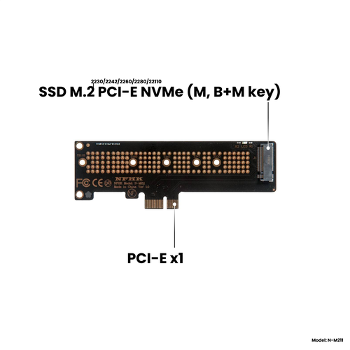 Адаптер-переходник (плата расширения) для установки SSD M.2 2230-22110 PCI-E NVMe (M, B+M key) в слот PCI-E 3.0/4.0 x1/x4/x8/x16, NHFK N-M211