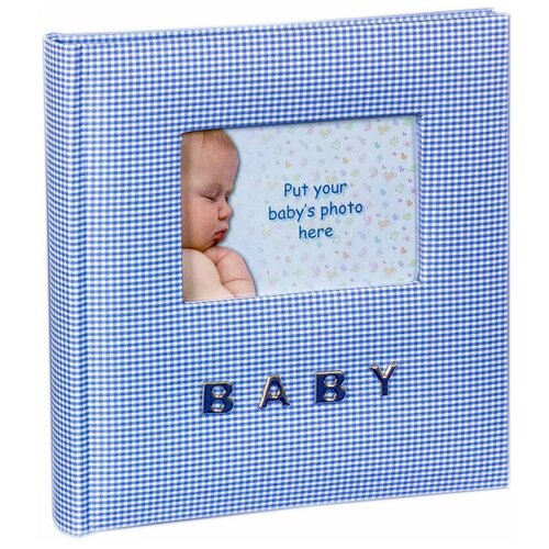 Фотоальбом детский «Baby» голубая тканевая обложка в клетку на 100 фото, 10х15 см, кармашки