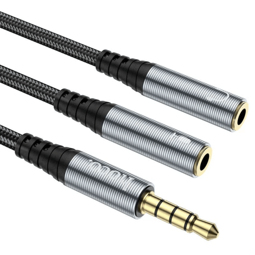 Аудио-кабель разветвитель для наушников и микрофона 2 в 1 металик серый