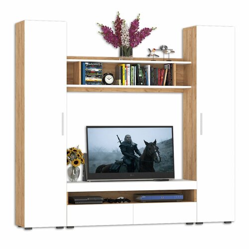 Мебельная Мини-Стенка для гостиной под телевизор 210см дуб крафт золотой/белый премиум - НЖ0575