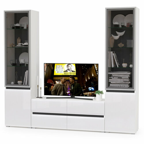 Мебельная глянцевая Мини-Стенка для гостиной под телевизор 230см белый/чёрный/МДФ белый глянец - НЖ1574
