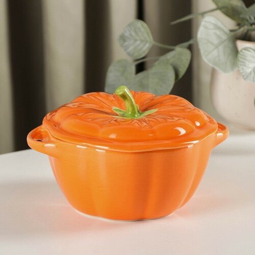 MARU Горшочек из жаропрочной керамики для запекания «Тыква», 400 мл, 16×13×8,5 см, посуда для Хэллоуина, цвет оранжевый