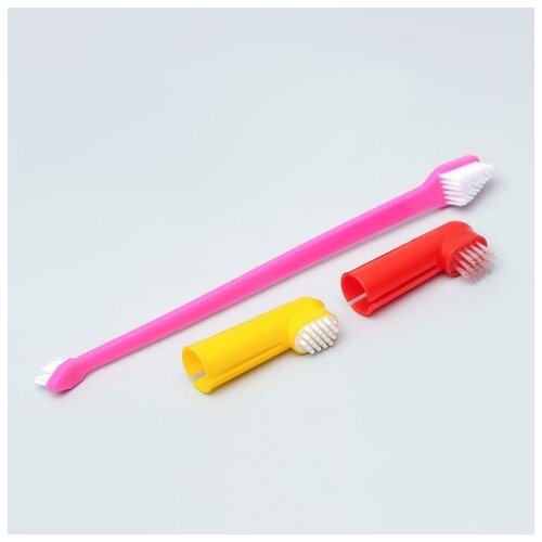 Пижон Набор зубная щётка двухсторонняя + щётка напальчник + массажер для десен (набор 3 шт), микс