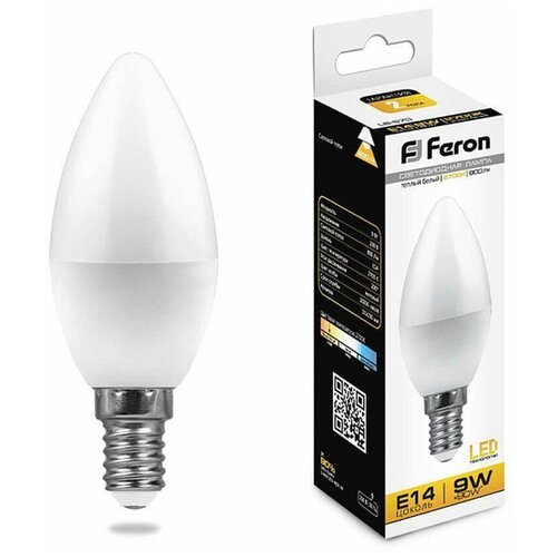 Лампа светодиодная LED 9вт E14 теплый матовая свеча 25798 FERON