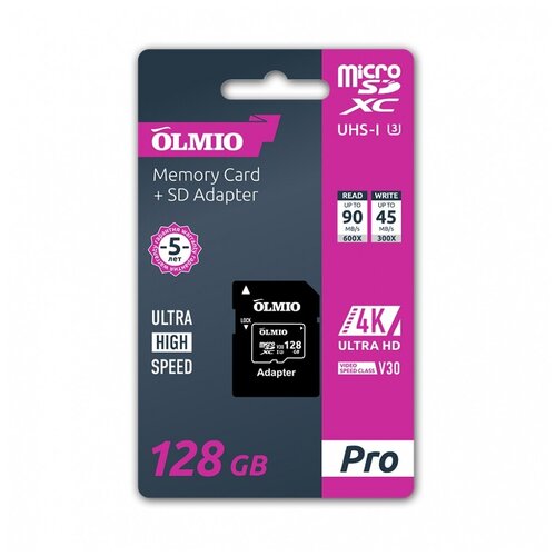 Карта памяти Partner/Olmio microSDXС 128Gb Pro UHS-I U3 V30 с адаптером