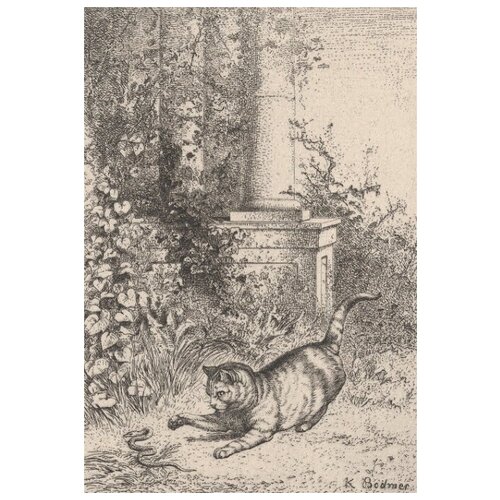 Репродукция на холсте Домашняя кошка играет с подвязкой Бодмер Карл 30см. x 44см.