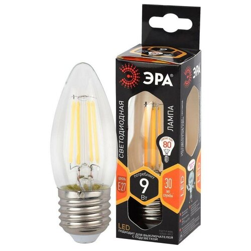 Лампа светодиодная филаментная F-LED B35-9w-827-E27 B35 9Вт свеча E27 тепл. бел. | код. Б0046993 | Эра (100шт. в упак.)