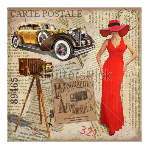 Постер на холсте Коллаж в стиле ретро на фоне различных кусков газет - с элегантной дамой в длинном красном платье и шляпе, роскошным Роллс Ройсом и ретро камерой 60см. x 60см.