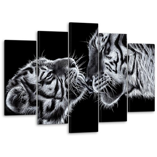 Модульная картина на стену, для интерьера "Черно_белые тигры" 80x140 см