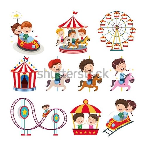 Постер на холсте Набор ярких иллюстраций для детей на тему цирка и аттракционов 40см. x 40см.