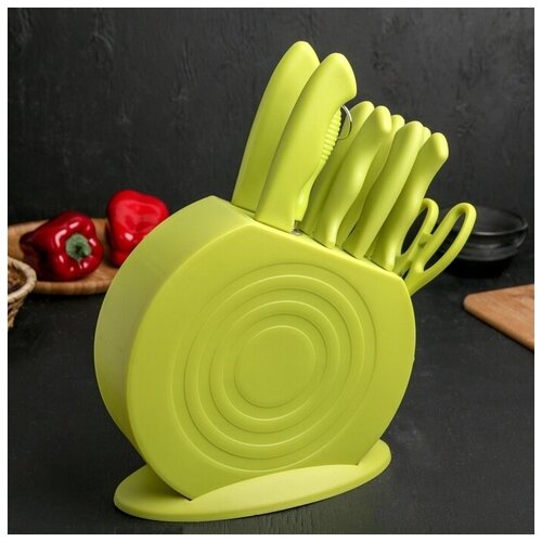 Набор кухонных инструментов КНР на подставке, 10 предметов: ножи, ножеточка, ножницы, зеленый