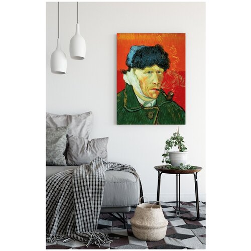 Репродукция Ван Гога "Автопортрет с перевязанным ухом и трубкой" / 60х80 / Интерьерная картина на холсте / в кухню / в спальню / в гостиную / на стену