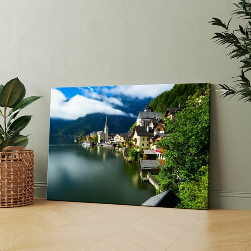 Картина на холсте (Гальштат озеро, горы, природа, пейзаж HD, Австрия, Альпы) 60x80 см. Интерьерная, на стену.