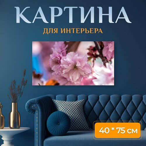 Картина на холсте "Вишни в цвету, цветы, весна" на подрамнике 75х40 см. для интерьера