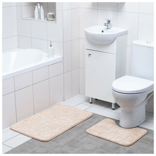 Набор ковриков для ванной и туалета Доляна «Галька, ракушки», 2 шт: 39×40, 50×80 см, цвет бежевый