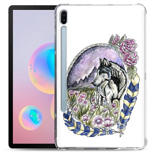 Чехол задняя-панель-накладка-бампер MyPads нарисованный волк в цветах с перьями для Samsung Galaxy Tab S6 10.5 SM-T860/T865 противоударный