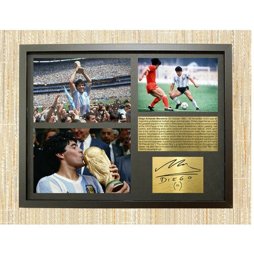 Диего Марадона автограф и фото на металле в рамке 33х43см