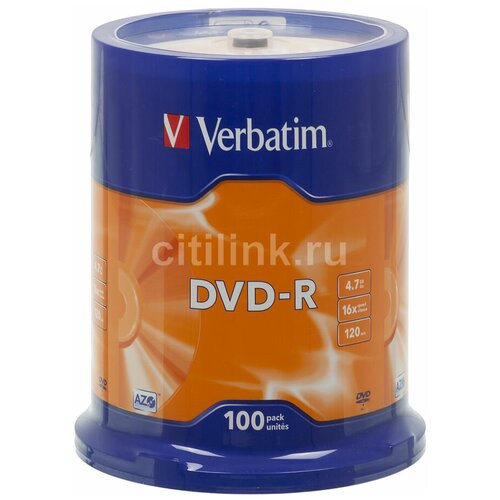 Носители информации DVD-R, 16x, Verbatim Azo Matt Silver, Cake/100, 43549