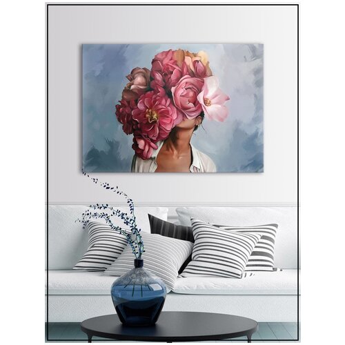 Картина для интерьера на натуральном хлопковом холсте "Девушка с цветами на голове", 38*55см, холст на подрамнике, картина в подарок для дома