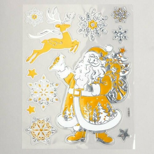 Наклейка пластик Дед Мороз с подарками и олень серебристо-золотая 24х33 см/ по 1 шт шт
