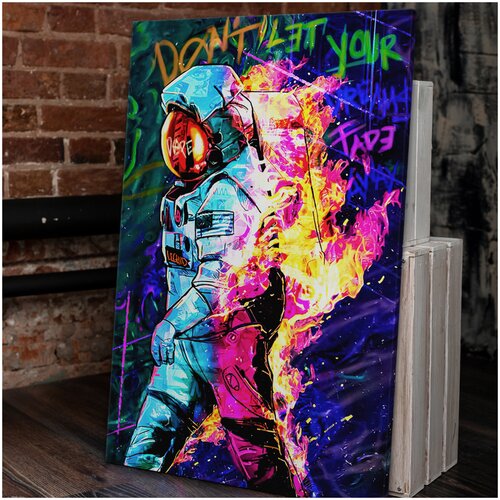 Картина на холсте "Астронавт в огне" / Граффити / Космос / Для интерьера гостиной, для офиса, в зал, в спальню/ Постер мотивация