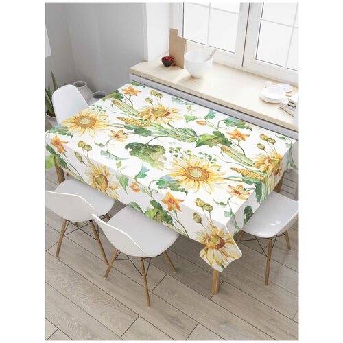 Скатерть прямоугольная JoyArty на кухонный стол "Кукуруза и подсолнухи" из оксфорда, 120x145 см