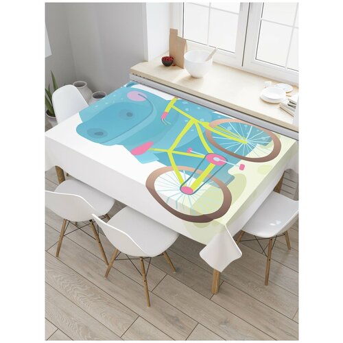 Скатерть прямоугольная JoyArty на кухонный стол "Бегемот на велосипеде" из оксфорда, 120x145 см