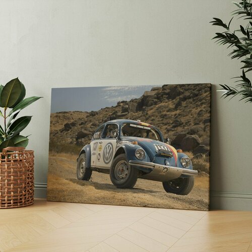 Картина на холсте "Сине-белая машина едет по грунтовой дороге" 30x40 см. Интерьерная, на стену.