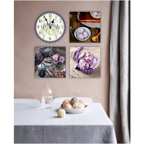 Комплект картин на дереве для интерьера кухни с часами "Лавандовый" 60*60см