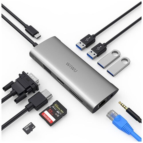 Переходник - Хаб WiWU Alpha 11 in 1 Type C to x3 USB 3.0, USB 2.0, Type C, RJ45, HDMI, VGA, AUX 3,5 мм, Cardreader Adapter, серый