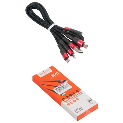 Кабель USB HOCO X26 Xpress 3 в 1 для Lightning, Micro USB, Type-C, 2.0A, длина 1.0м, черный с красным