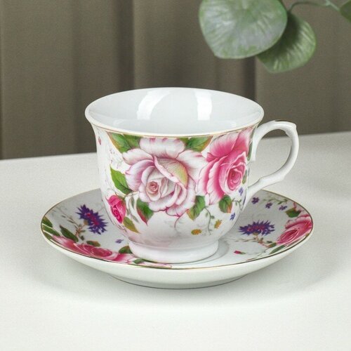 Доляна Чайная пара керамическая Доляна «Томная роза», 2 предмета: чашка 250 мл, блюдце d=14 см
