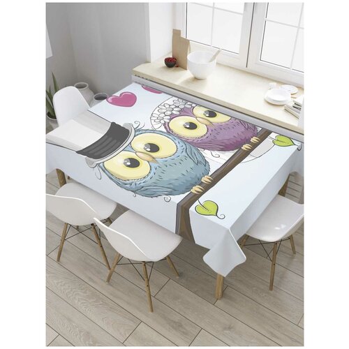 Скатерть прямоугольная JoyArty на кухонный стол "Совы-молодожены" из оксфорда, 180x145 см