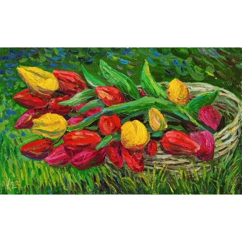 Картина маслом на оргалите "Тюльпаны", ручная работа, размер 24,4х40см