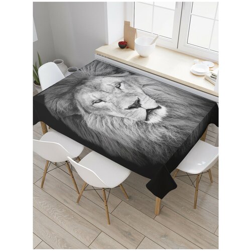 Прямоугольная водоотталкивающая тканевая скатерть на стол JoyArty с рисунком "Мудрый лев" 145 на 180 смсерый, черный, белый