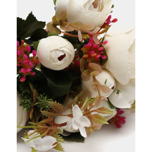 Куст искусственных цветов 31см. 5 ветвей, 13 цветков. Камелия, пион, ранункулюс, пионовидная роза. белые