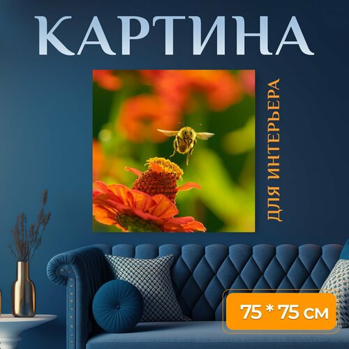 Картина на холсте "Пчела, цветок, природа" на подрамнике 75х75 см. для интерьера