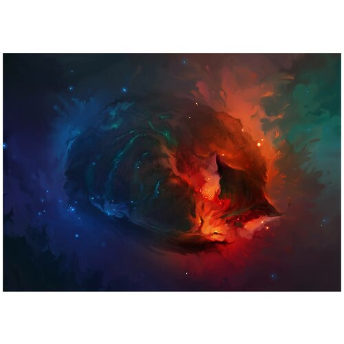 Интерьерный постер на стену картина для интерьера в подарок плакат "Sleeping cat Nebula" размера 50х70 см 500*700 мм в черной раме для декора
