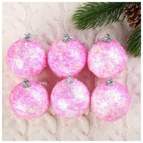 Набор шаров пластик d-6 см, 6 шт "Блестящие хлопья" розовый