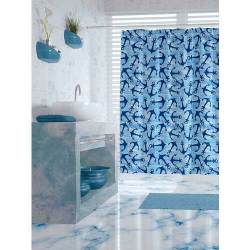 Штора для ванной "Синие якоря" из оксфорда, 170х200 см с кольцами