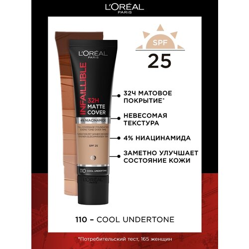 L'Oreal Paris, Ультраматирующий cтойкий тональный крем INFAILLIBLE 32ч Матовое Покрытие, тон 110, SPF 18, 30МЛ
