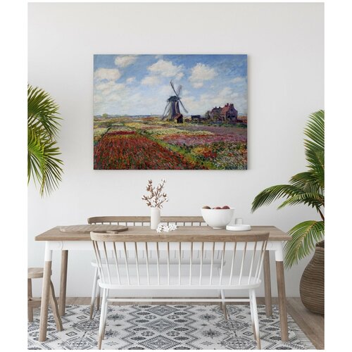 Репродукция Клода Моне "Поля тюльпанов с мельницей из Рейнсбурга" / 50х70 / Интерьерная картина на холсте / в кухню / в спальню / в гостиную