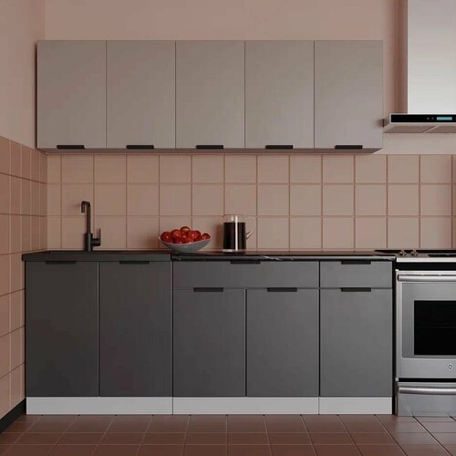 Прямой кухонный гарнитур Фаворит МДФ 2.0 м, Серый камень/Антрацит( тёмно-серый).