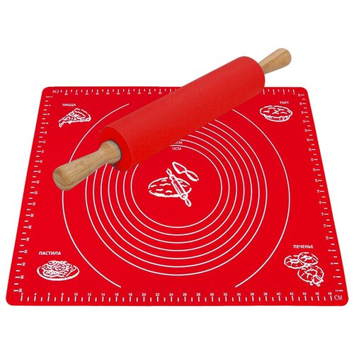 Комплект - силиконовый коврик для выпечки 50х40 см и силиконовая скалка 42 см (красный)
